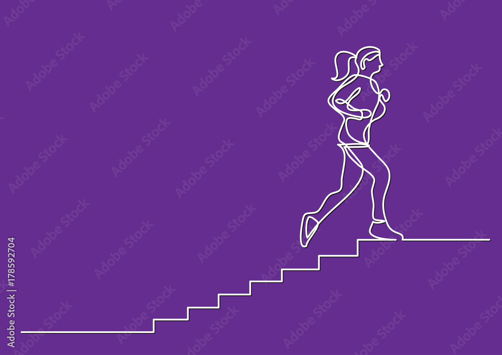 one line drawing of woman running on stairs Stock Vector | Adobe Stock