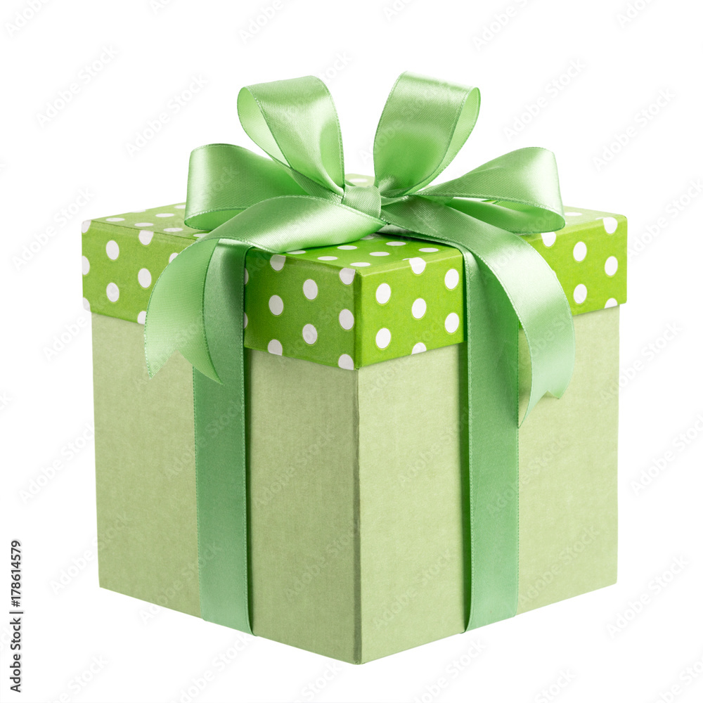 Green gift box with bow isolated on white Stock Photo | Adobe Stock