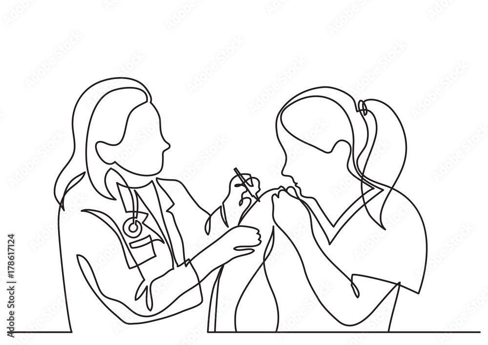 continuous line drawing of doctor making vaccination shot to woman ...