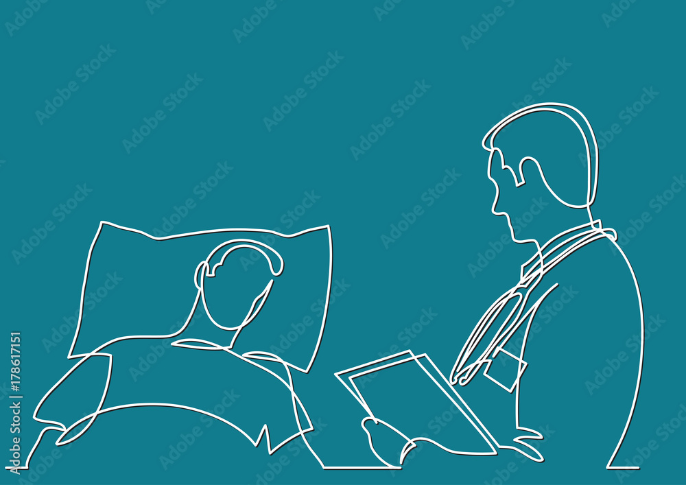 continuous line drawing of doctor talking with patient lying in bed ...