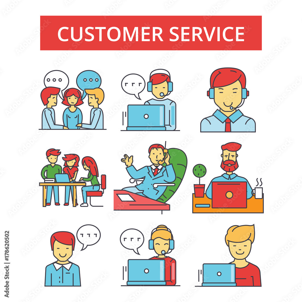 Customer service illustration, thin line icons, linear flat signs ...