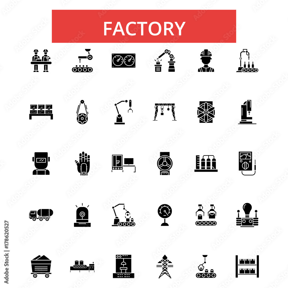 Factory illustration, thin line icons, linear flat signs, outline ...
