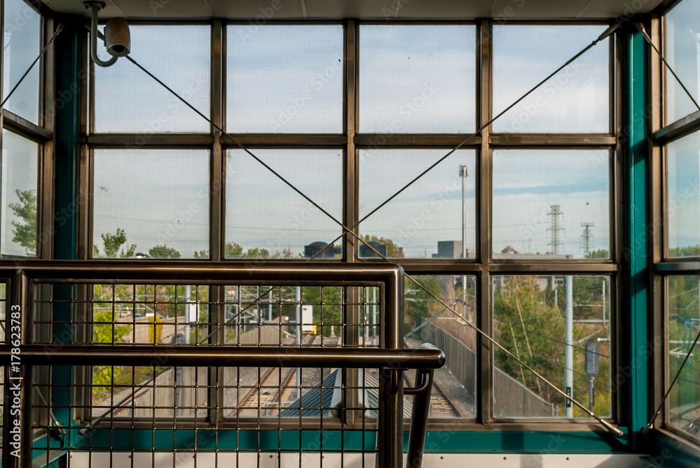 Industrial interior design of glass windows and steel frame. Stairway ...