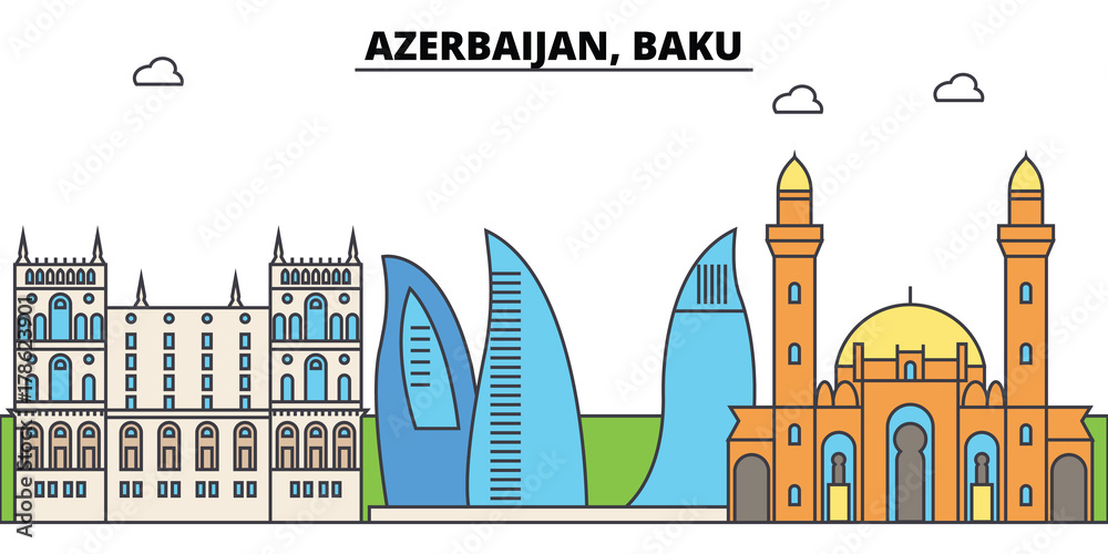 Azerbaijan, Baku outline city skyline, linear illustration, line banner ...