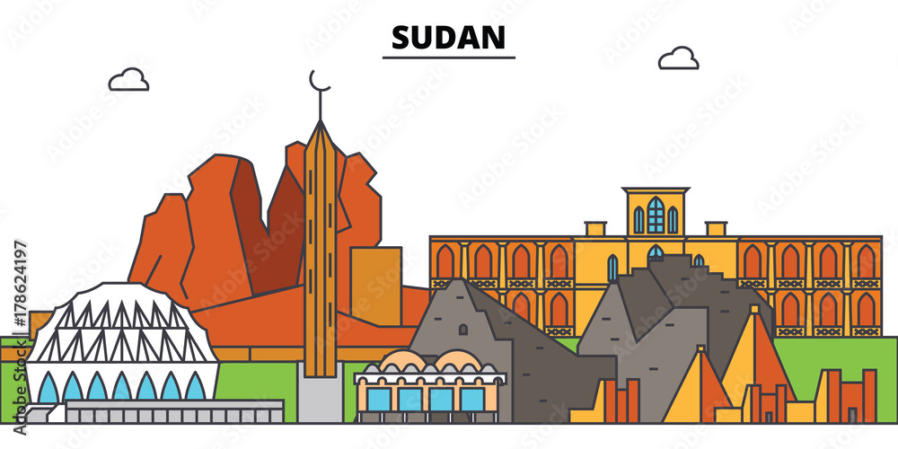 Sudan outline city skyline, linear illustration, line banner, travel ...