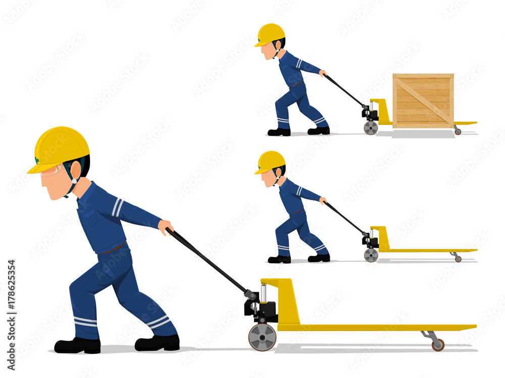 A worker is pulling the pallet truck on transparent background Stock ...