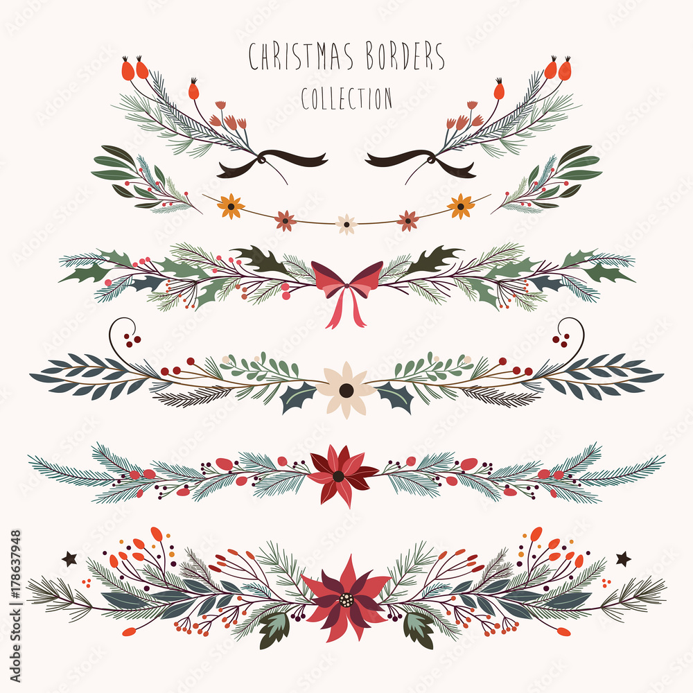 Christmas borders collection with decorative hand drawn seasonal ...