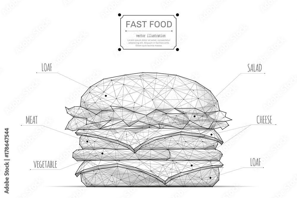 Burger low poly wireframe isolated black on white background. Abstract ...