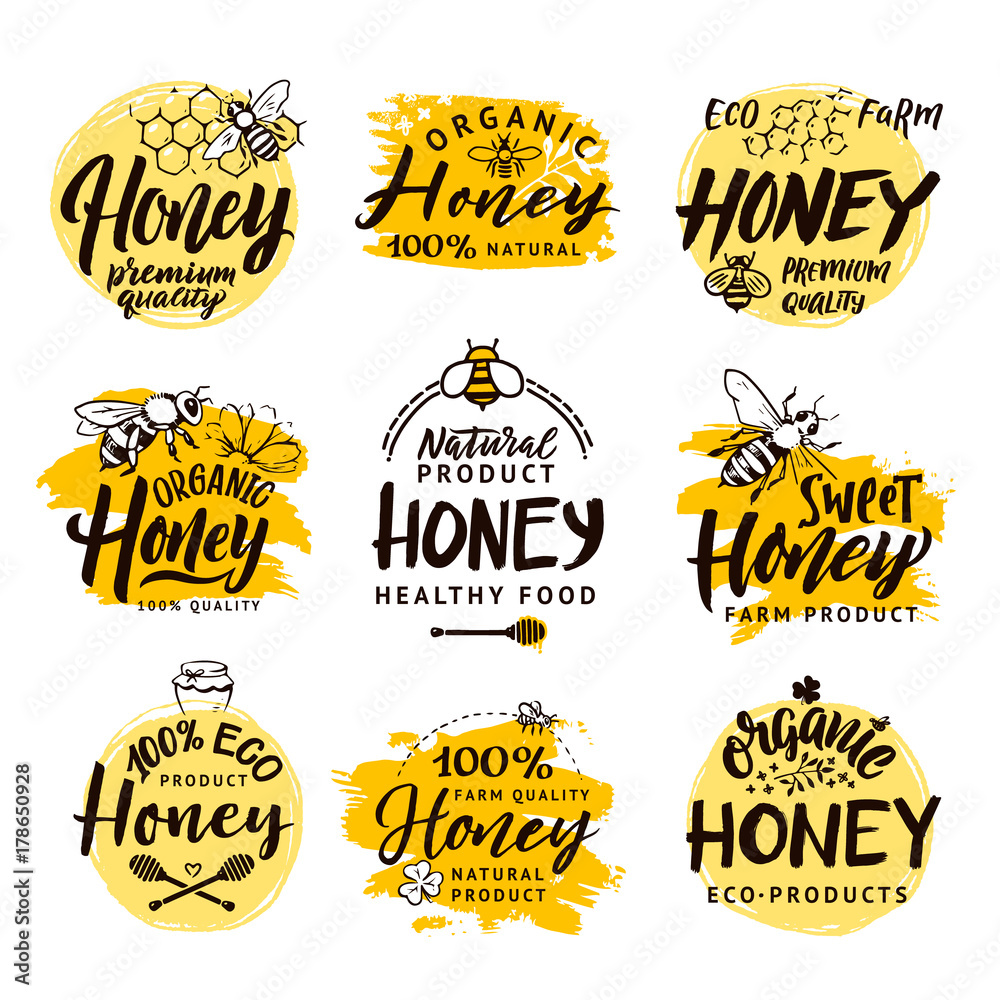 Vector hand drawn words and letters. Logo set for honey products Stock ...