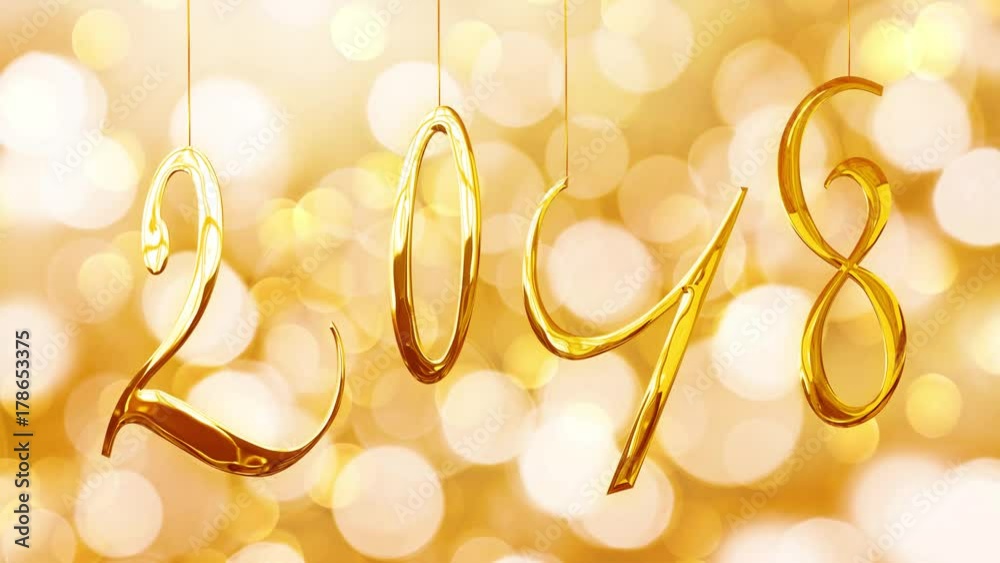 Seamless loop - Golden numbers 2018 hanging on bokeh lights background ...