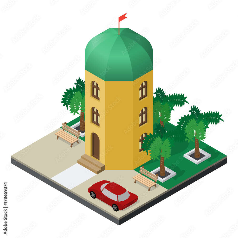 Three-story tower building with palm trees, benches and car in ...