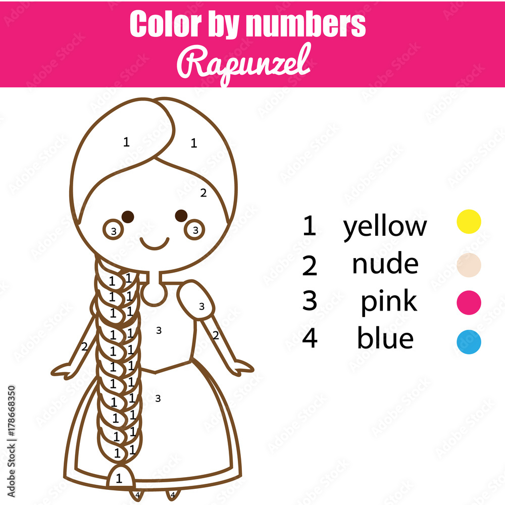 Children educational game. Coloring page with Rapunzel prnicess. Color ...