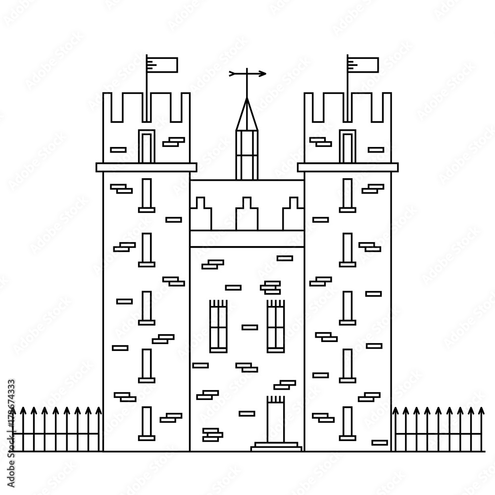 Medieval castle illustration in outline style. Lineart of ancient tower ...