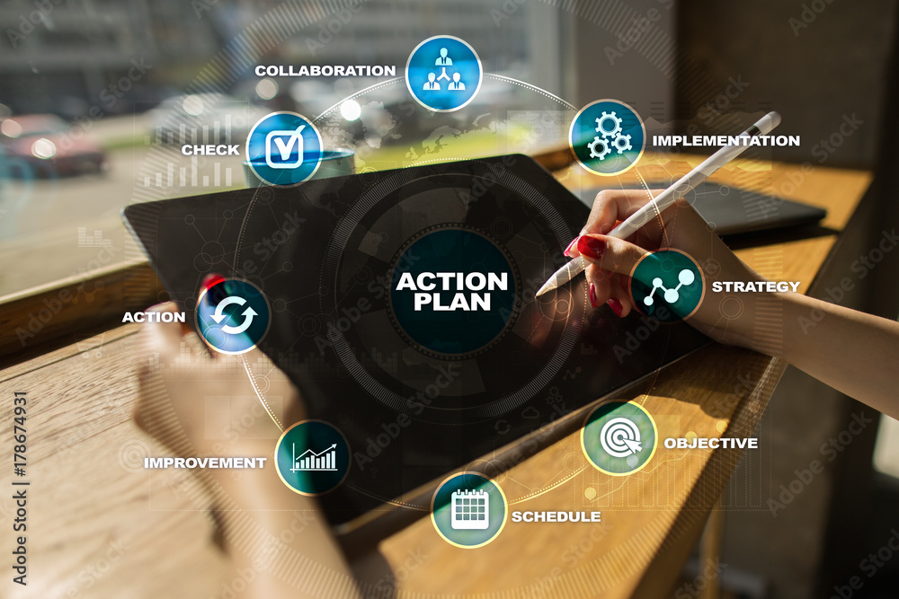 Action plan on the virtual screen. Planning concept. Business strategy ...