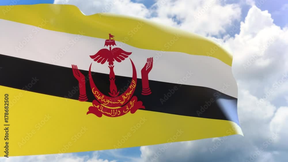 3D rendering of Brunei flag waving on blue sky background with Alpha ...