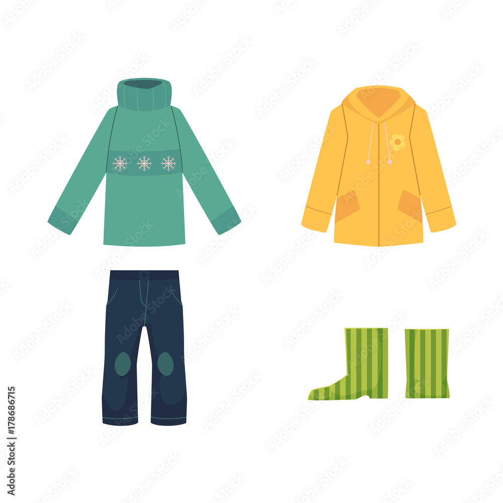 Set of fall, autumn clothes - sweater, jeans, raincoat and rubber boots ...