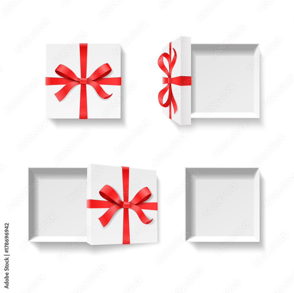 Empty open gift box with red color bow knot, ribbon isolated on white ...