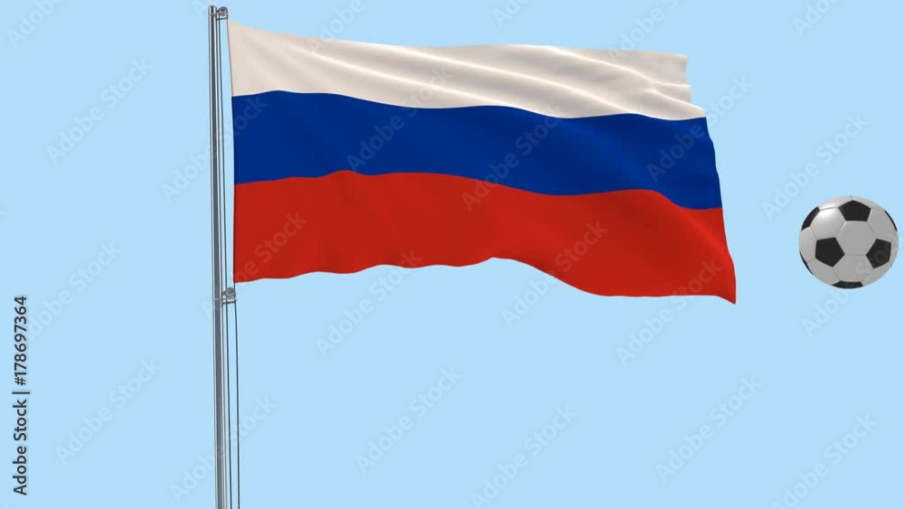 A realistic soccer ball flies around the realistically fluttering flag ...