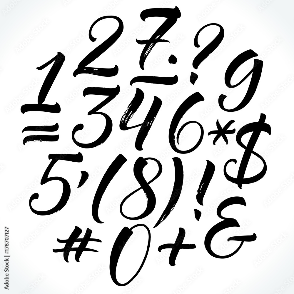 Brush lettering vector numbers and punctuation. Modern calligraphy ...