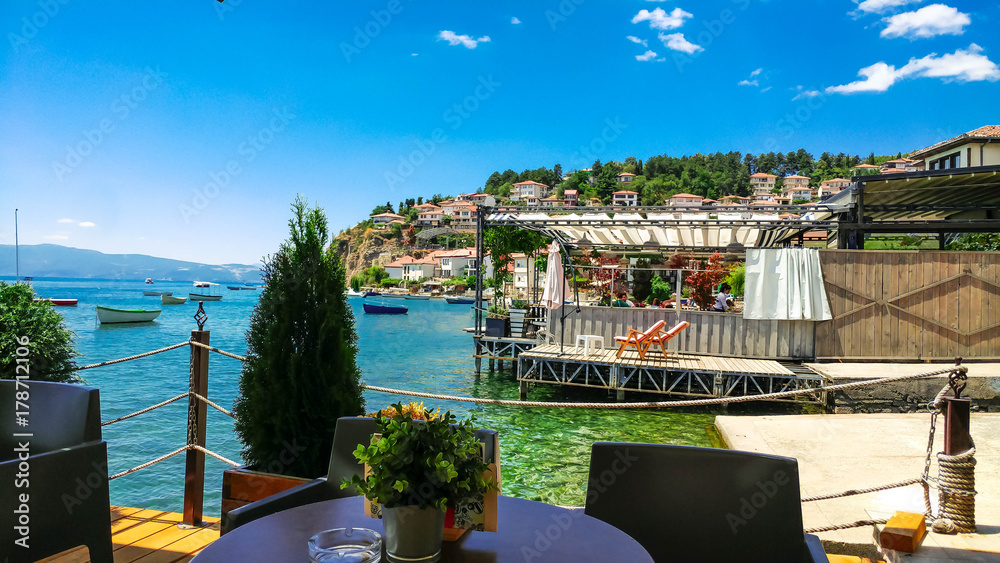 Ohrid Lake and the beaches around the lake with the background scene of ...