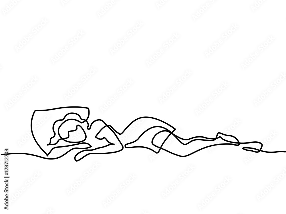 Continuous line drawing. Beautiful woman in sleeping pose on pillow ...