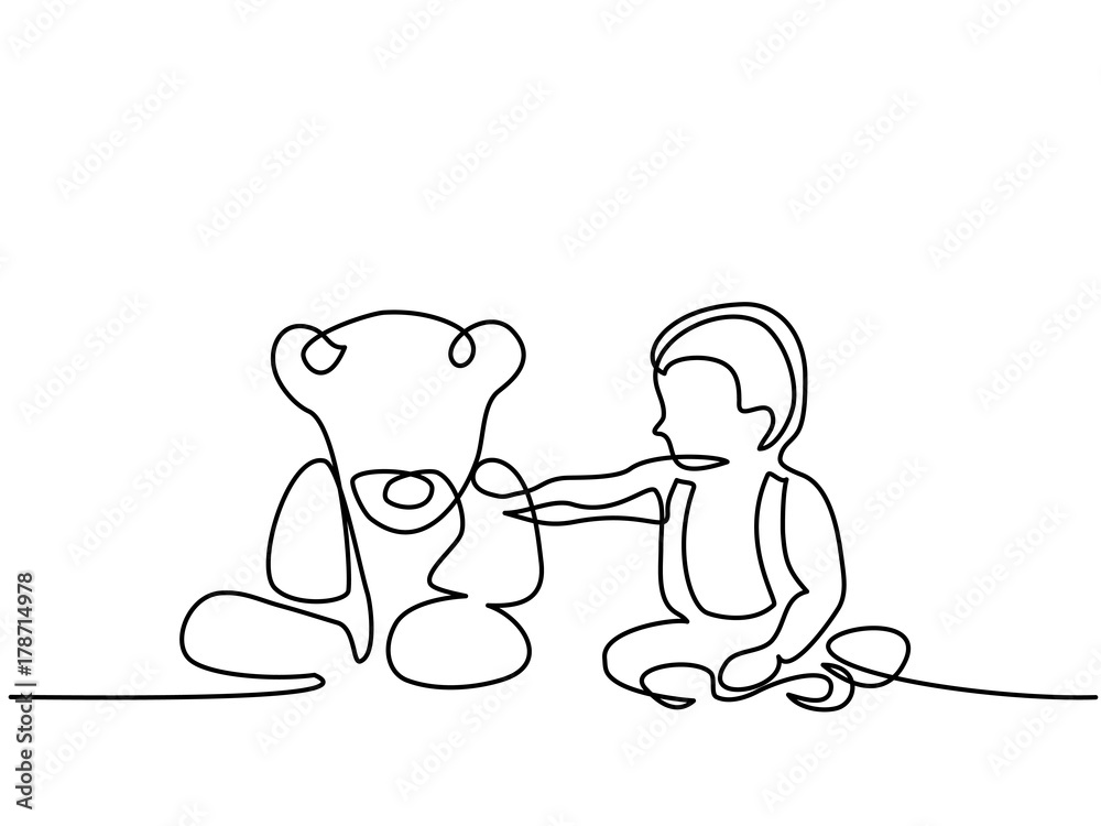 Continuous line drawing. Little boy sitting with teddy bear on the ...