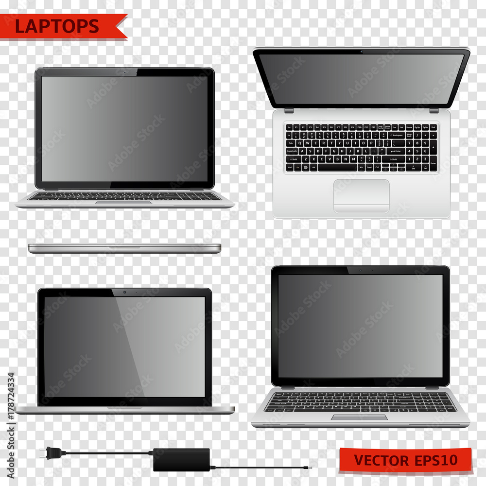 Set of laptops in different positions isolated on transparent ...