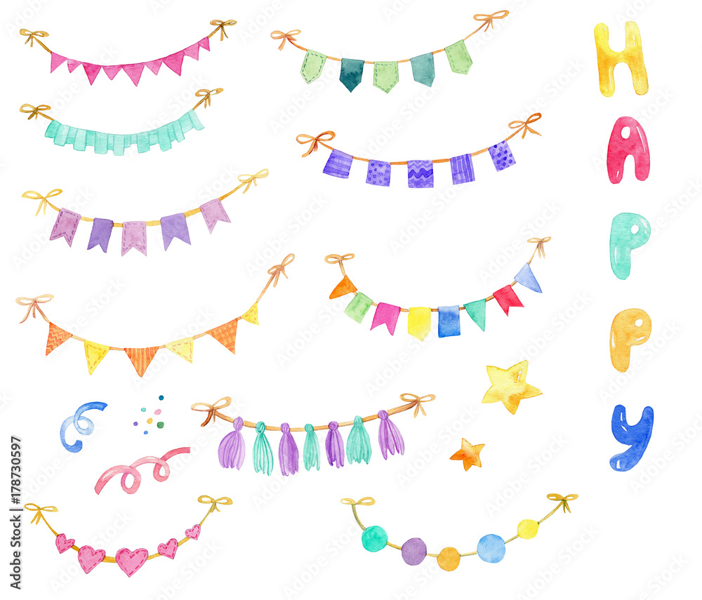 Buntings, bunting, banner watercolor clip art, colorful, party ...