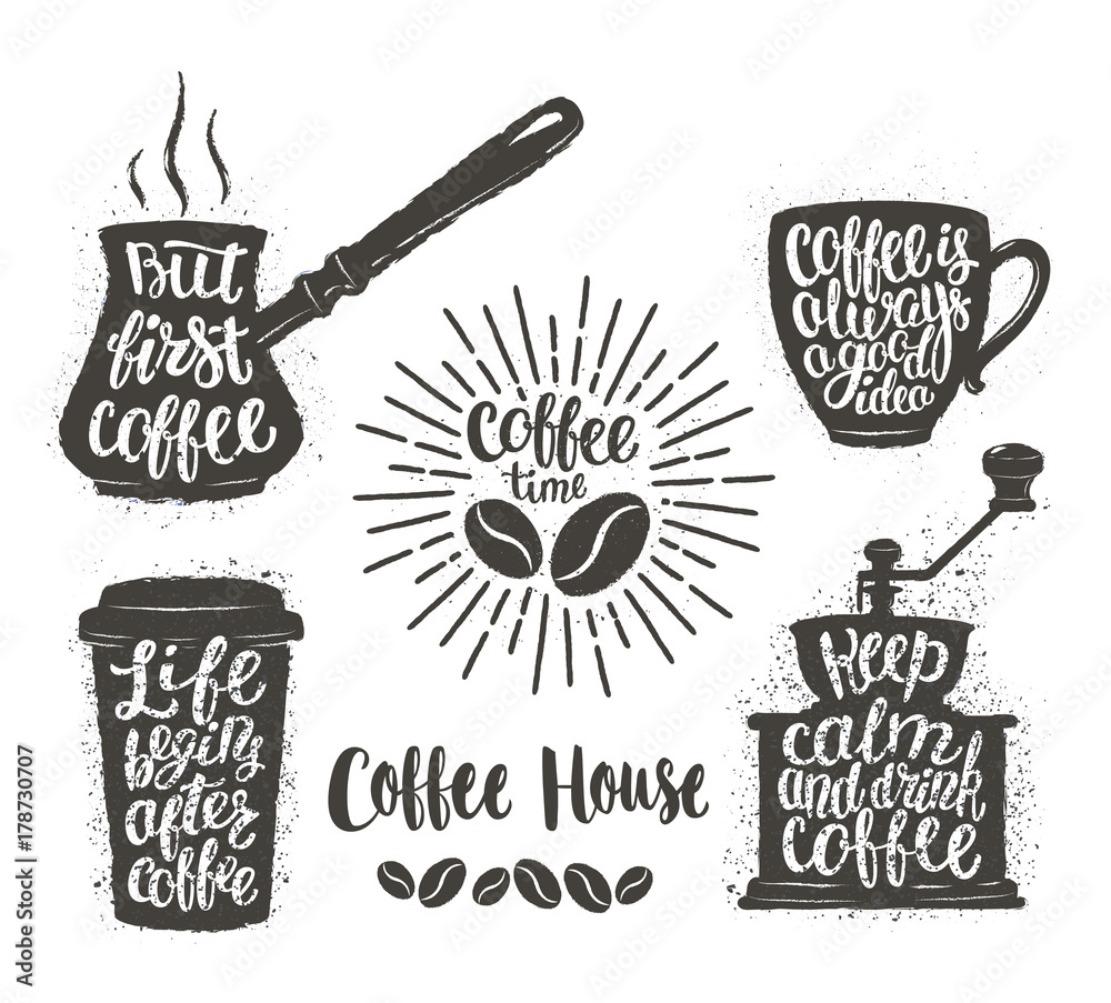 Vetor do Stock: Coffee lettering in cup, grinder, pot shapes. Modern ...