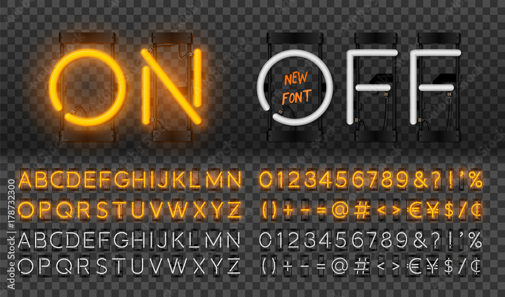 Vetor de Big orange neon set, glowing alphabet, vector Font. Glowing ...