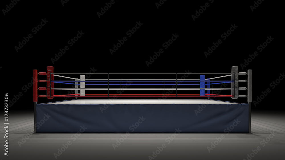 3d rendering of an empty boxing ring in front view spotlighted in the ...