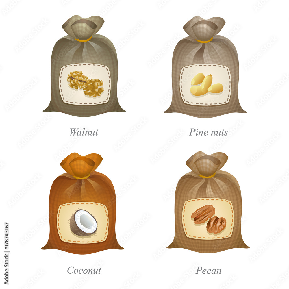 Tied sacks with nuts icons on them / Four tied sacks with walnut, pine ...