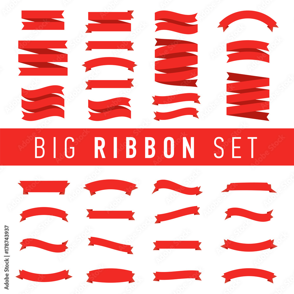 Big red ribbons set isolated on white background. Collection of flat ...