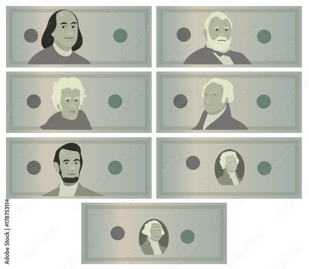 Dollars Banknotes Set Vector. Cartoon US Currency. American Money Bill ...