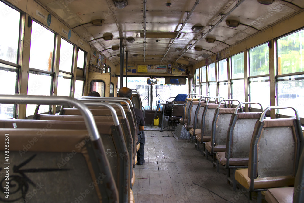 Landscape of life inside a bus in Bangkok, Thailand. This is an open ...