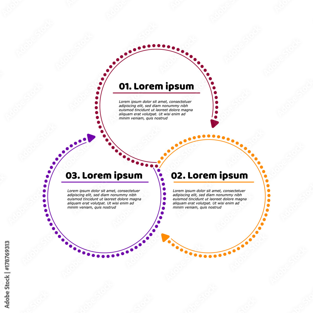 Circle infographic template with 3 steps. Corolful curve lines with ...
