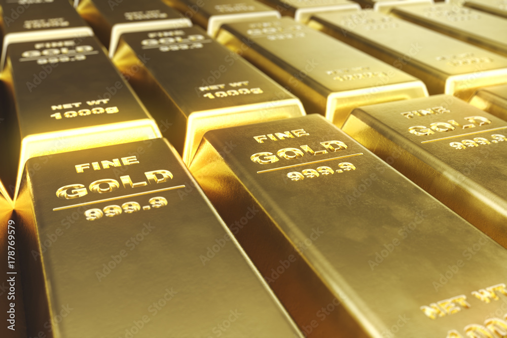 Stack close-up Gold Bars, weight of Gold Bars 1000 grams Concept of wealth and reserve. Concept ...