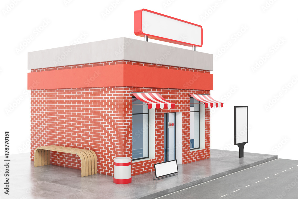 Store with copy space board isolated on white background. Modern shop ...