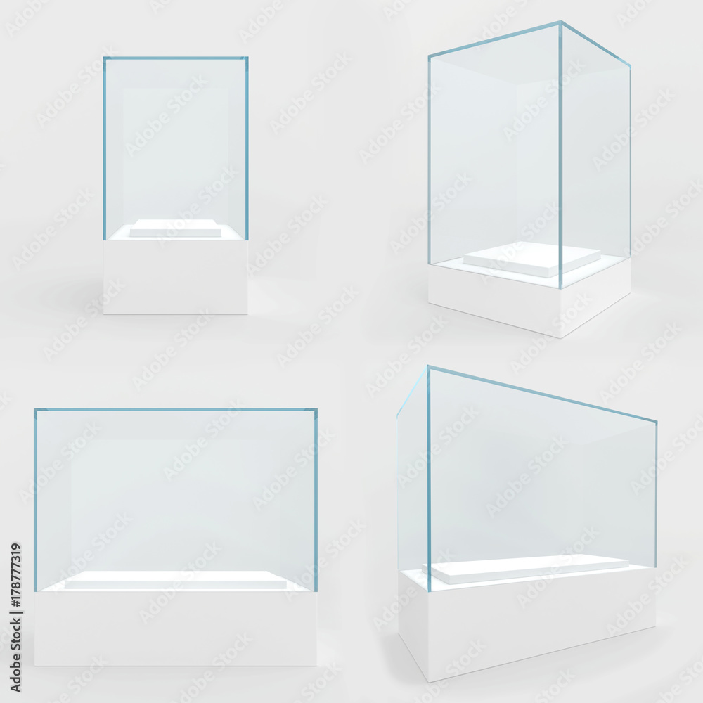 Set empty glass showcase in cube form for presentation on white ...