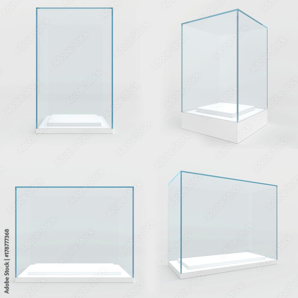 Set empty glass showcase in cube form for presentation on white ...