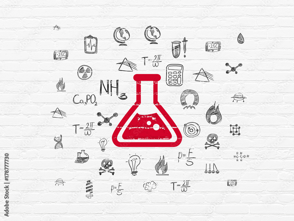 Science concept: Painted red Flask icon on White Brick wall background ...