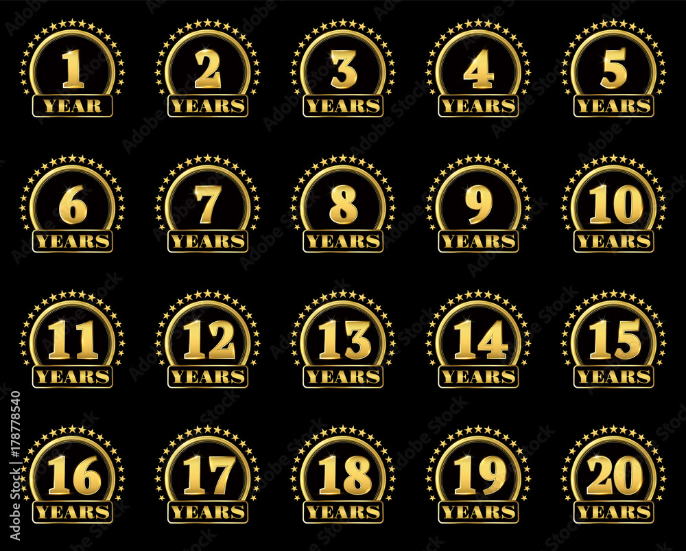 Set of gold numbers from 1 to 20 and the word of the year decorated ...