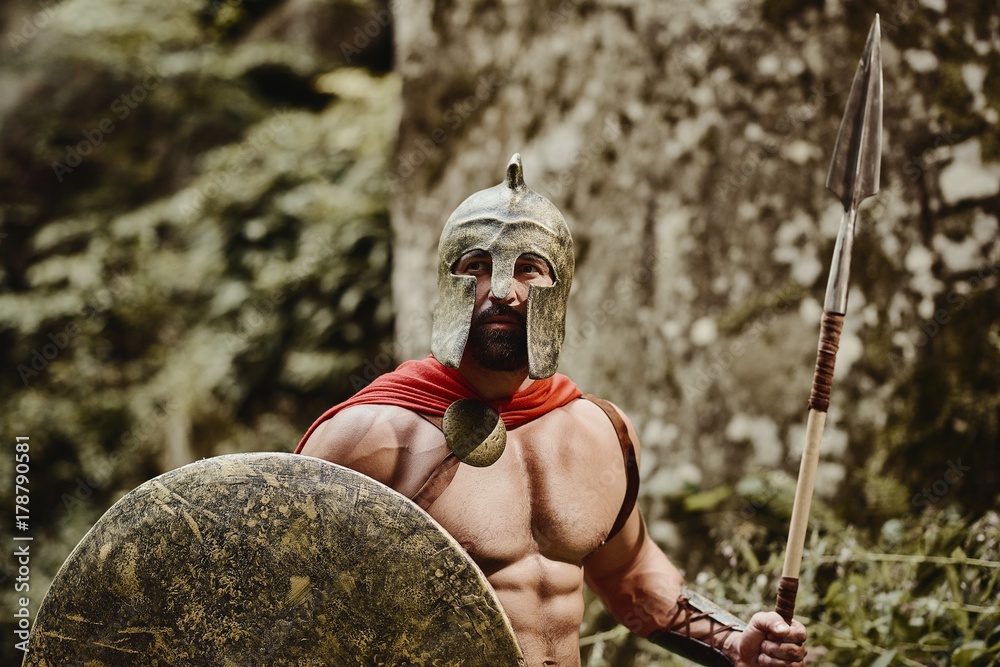 Confident strong man in gladiator armor holding metal heavy shield and ...