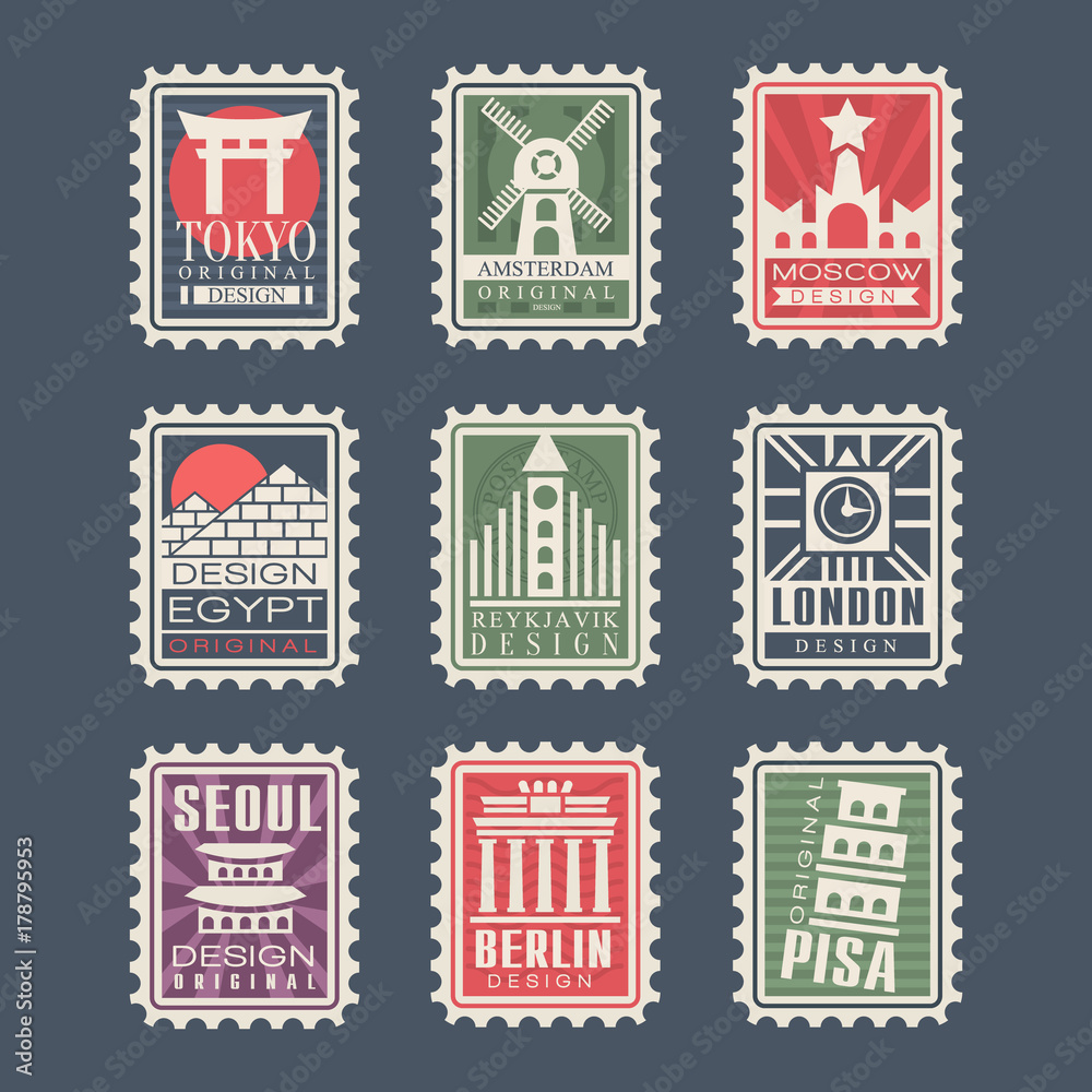 Collection of postage stamps, cities of the world, vector Illustrations ...
