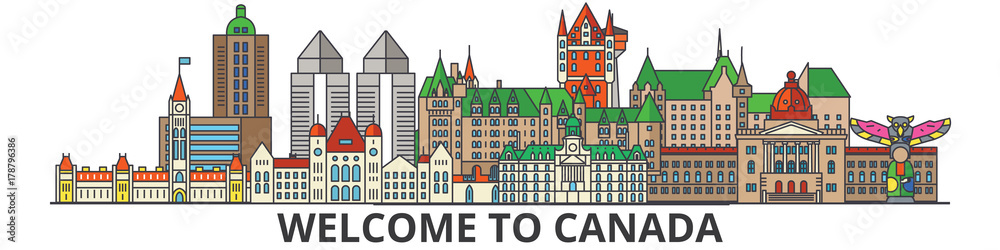 Canada outline skyline, canadian flat thin line icons, landmarks ...