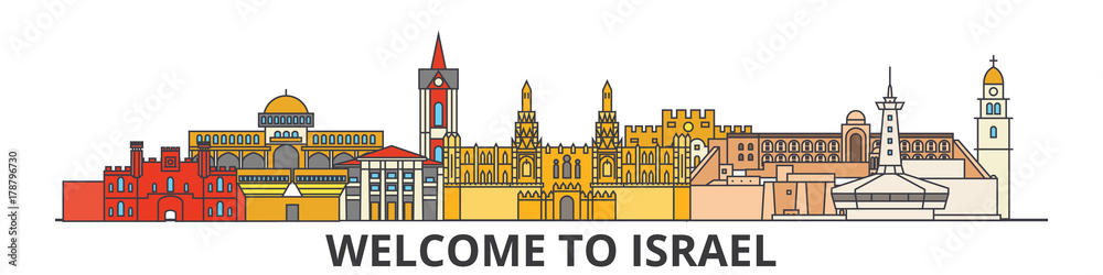 Israel outline skyline, israeli flat thin line icons, landmarks ...