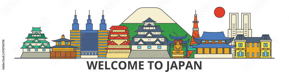 Japan outline skyline, japanese flat thin line icons, landmarks ...