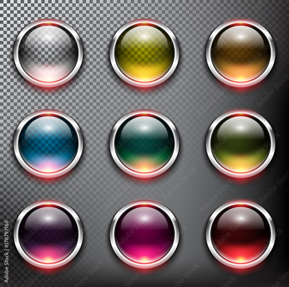 Abstract metallic web buttons set of 9. Round glass web icons with ...