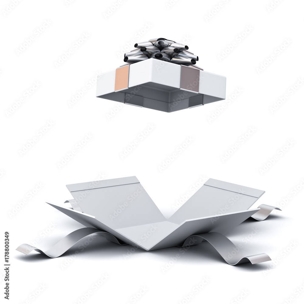 Open gift box , present box with silver ribbon bow isolated on white ...