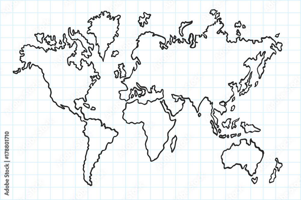 Hand drawn flat world map. Isolated and real pen sketch. Vector ...